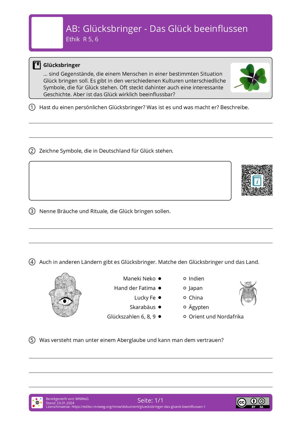 Arbeitsblatt - Glücksbringer - Das Glück beeinflussen - Ethik - mnweg.org
