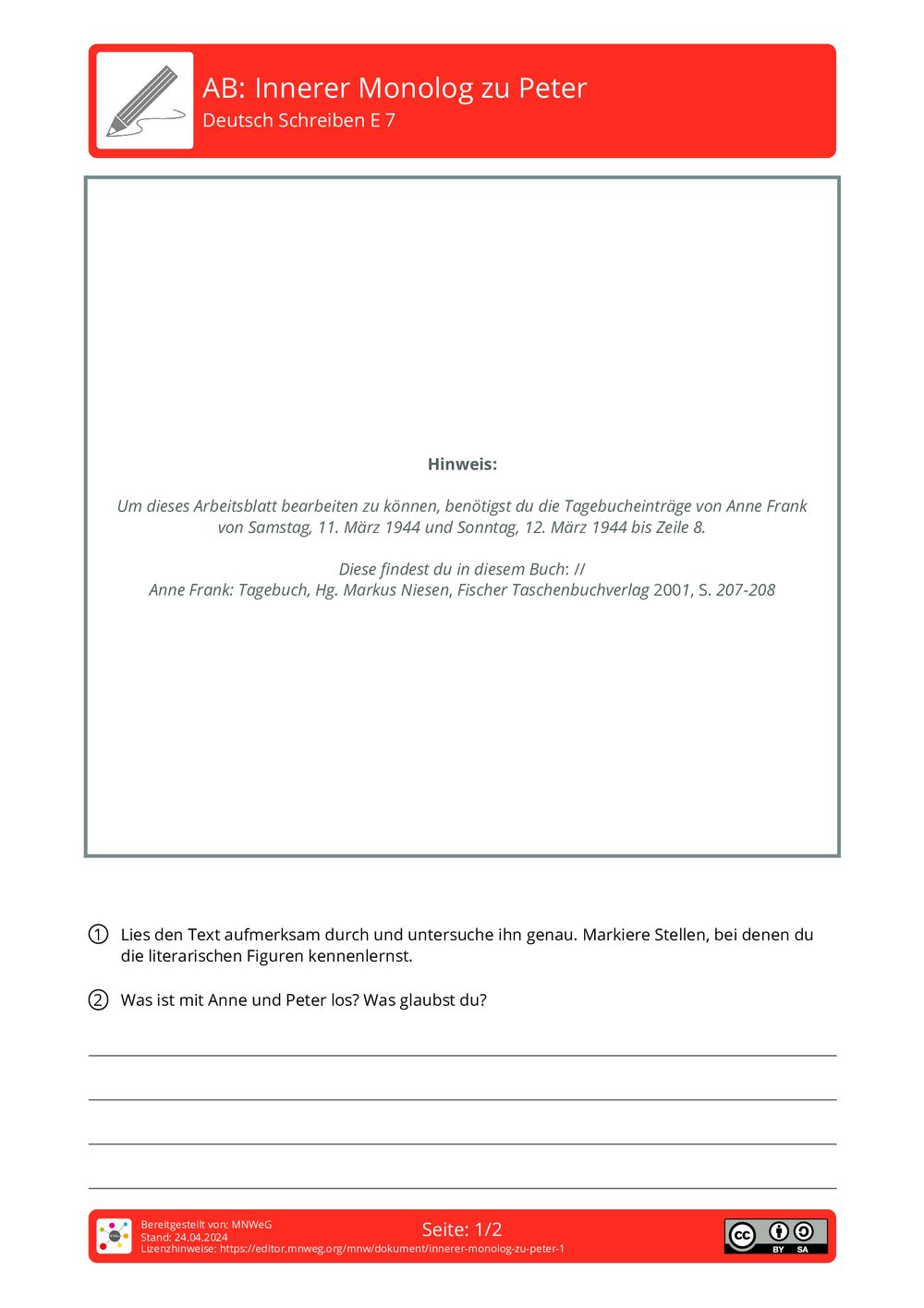 Arbeitsblatt - Innerer Monolog zu Peter - Deutsch - Schreiben - mnweg.org