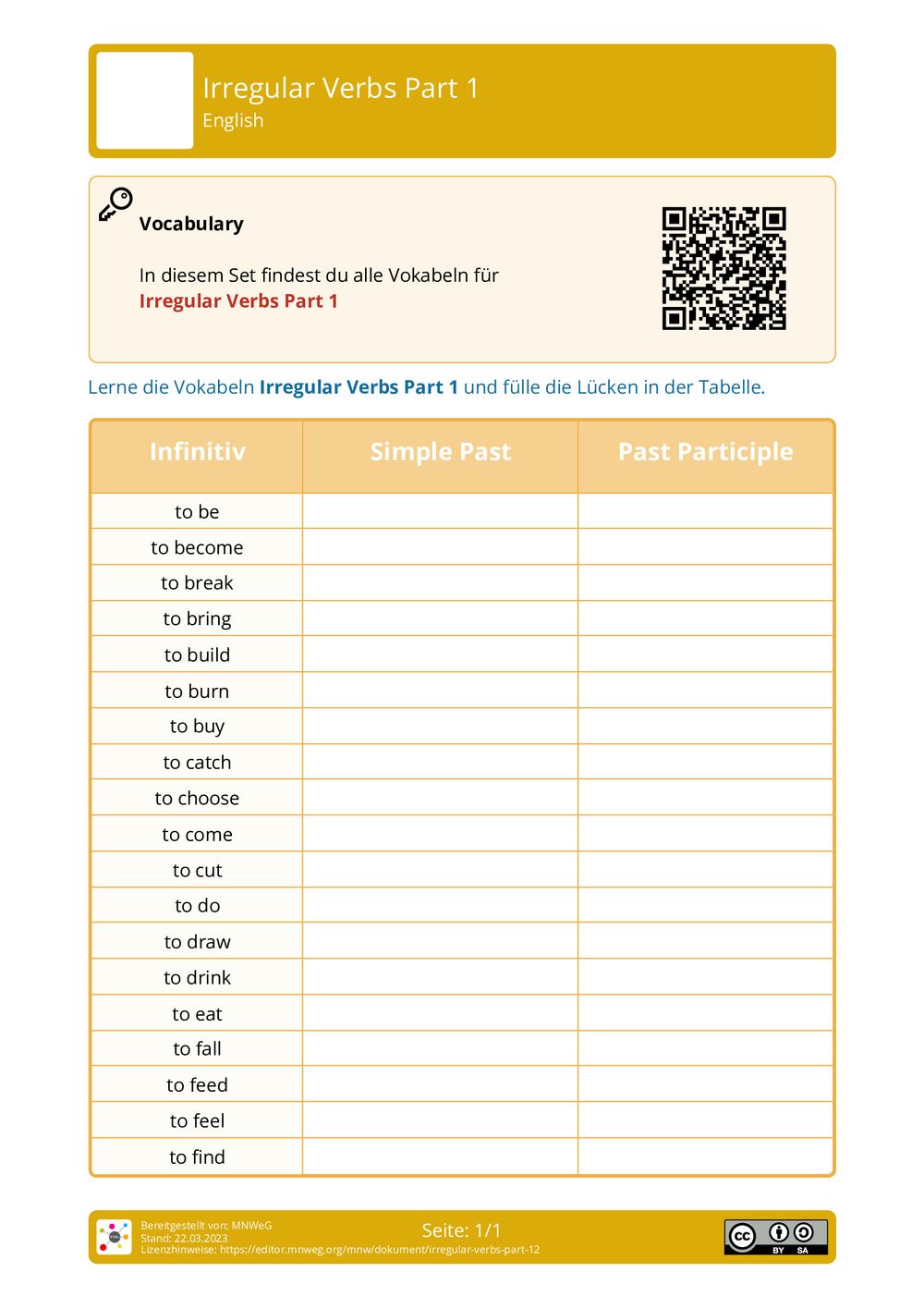 Arbeitsblatt - Irregular Verbs Part 1 - English - mnweg.org Arbeitsblatt - Irregular Verbs Part 1 - English - mnweg.org