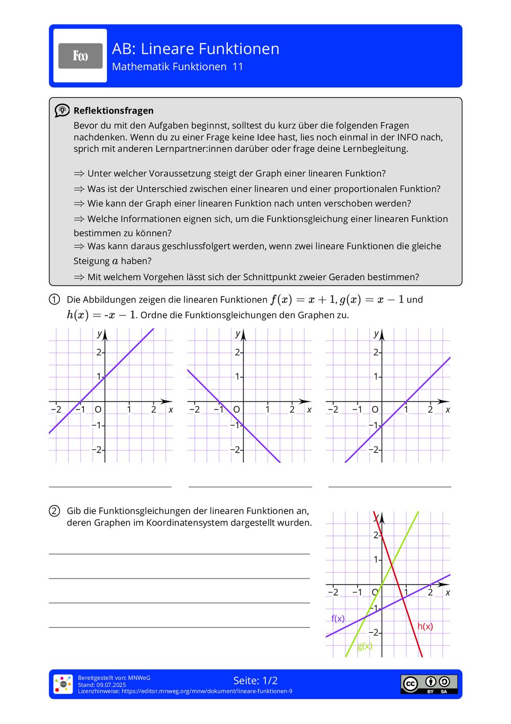 Arbeitsblatt Lineare Funktionen Mathematik Funktionen