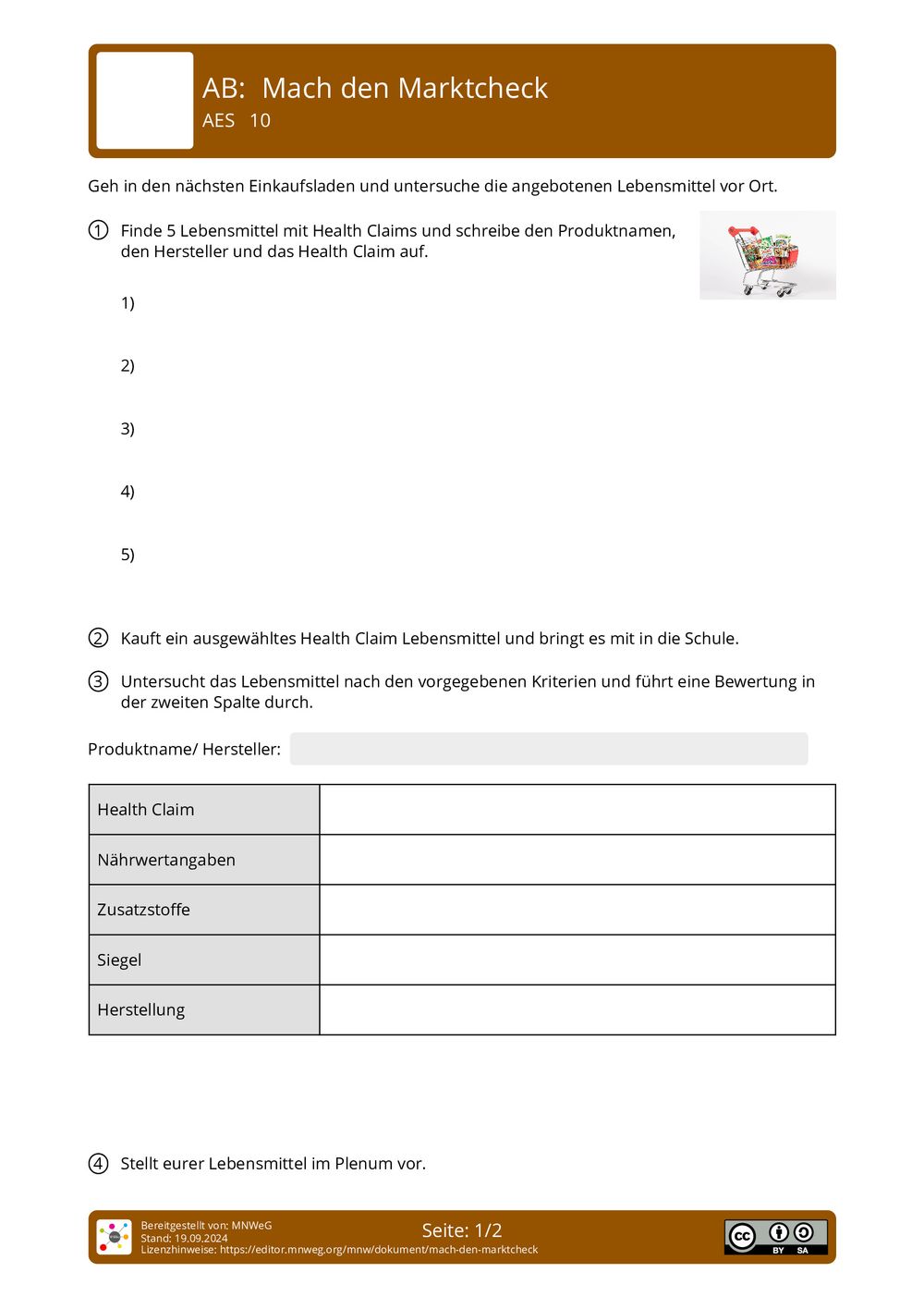 Arbeitsblatt - Mach den Marktcheck - AES - mnweg.org
