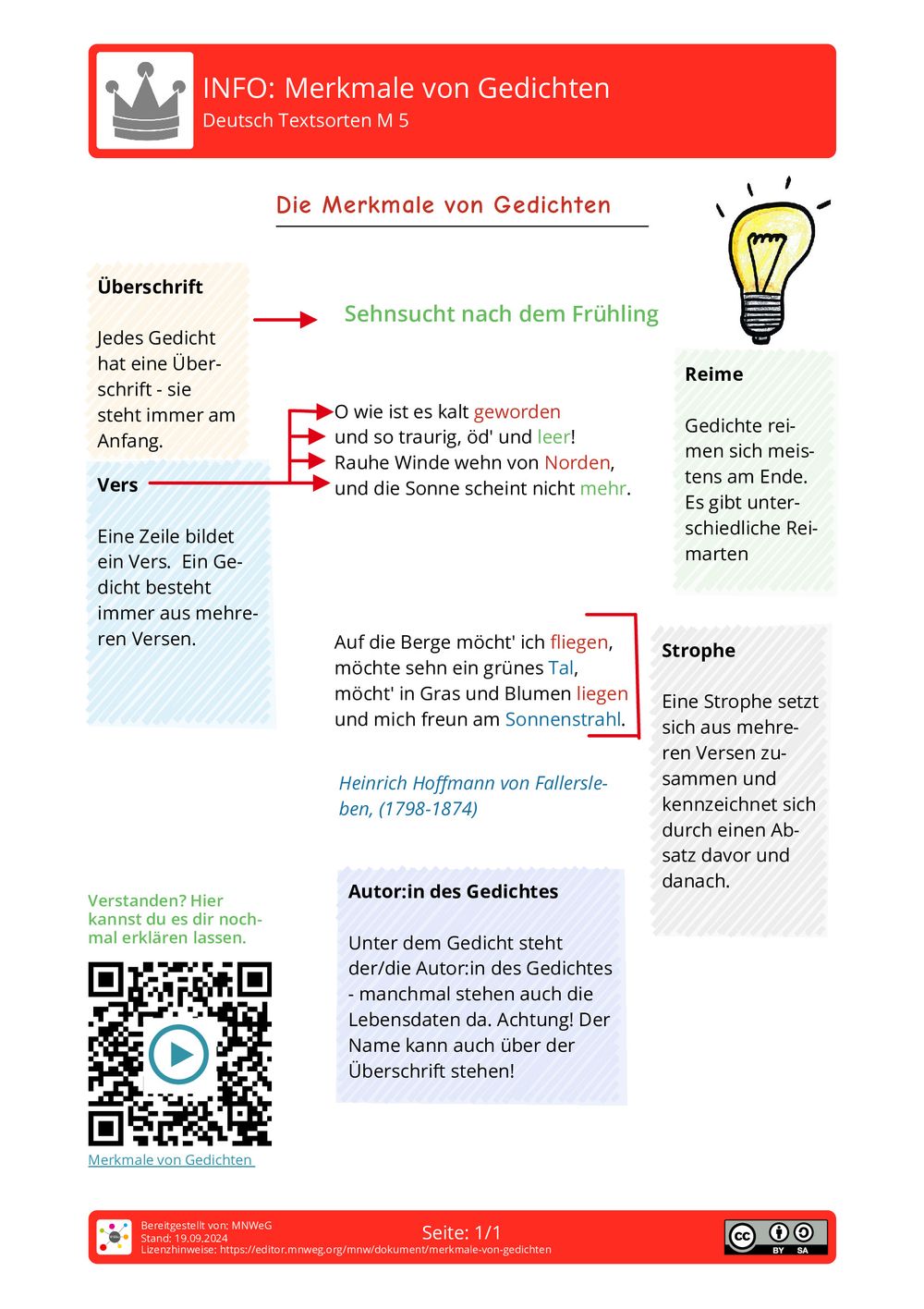 Arbeitsblatt - Merkmale von Gedichten - Deutsch - Textsorten - mnweg.org