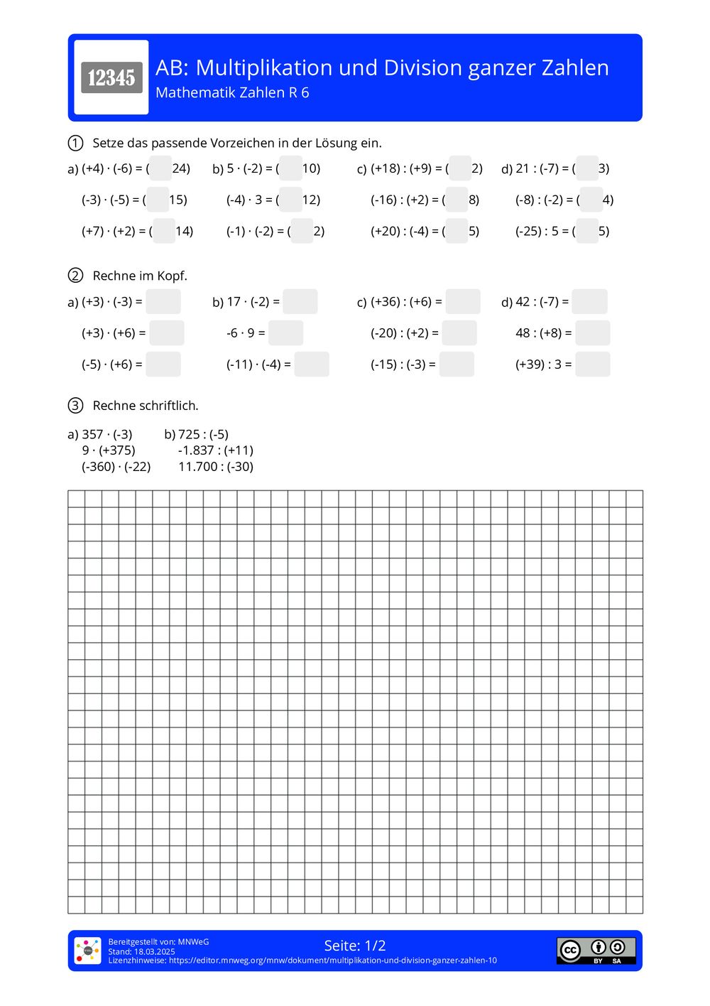 Arbeitsblatt - Multiplikation und Division ganzer Zahlen - Mathematik ...