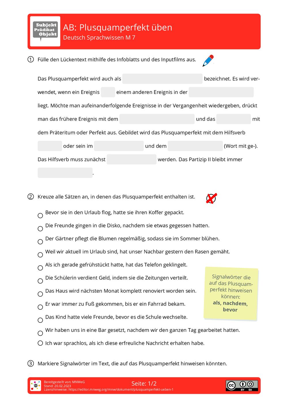 Arbeitsblatt - Plusquamperfekt üben - Deutsch - Sprachwissen - mnweg.org