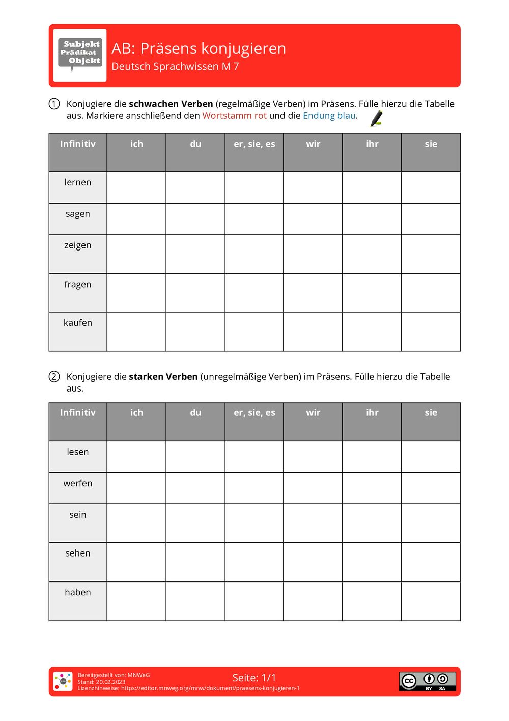 Arbeitsblatt - Präsens konjugieren - Deutsch - Sprachwissen - mnweg.org
