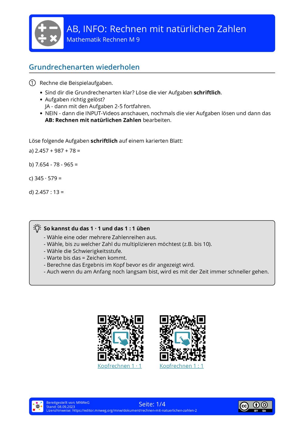 Arbeitsblatt - Rechnen mit natürlichen Zahlen - Mathematik - Rechnen ...