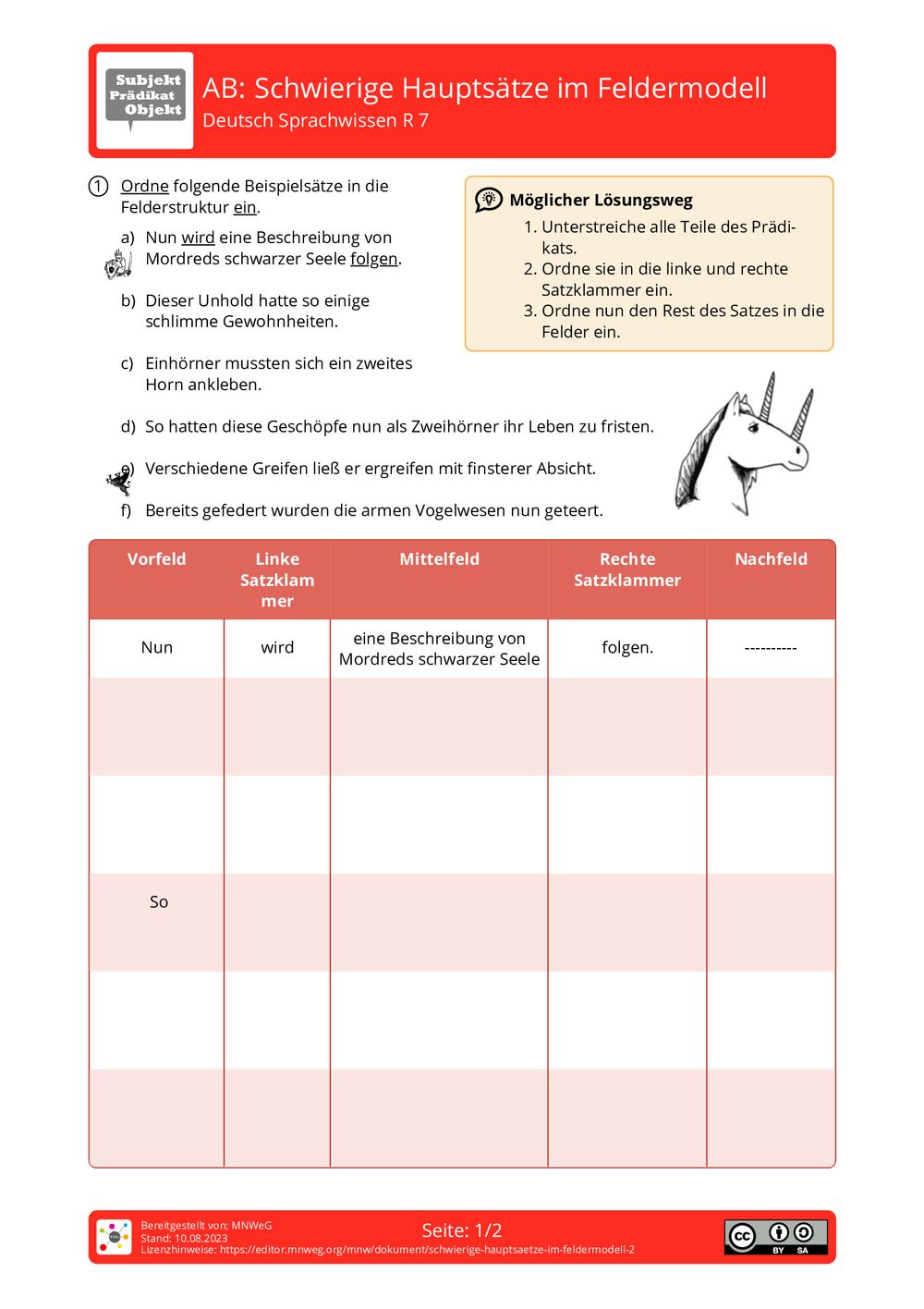 Arbeitsblatt - Schwierige Hauptsätze im Feldermodell - Deutsch ...