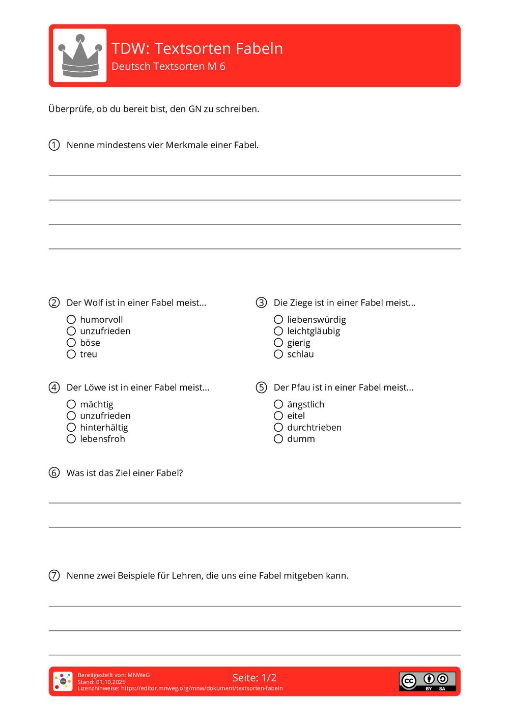 Arbeitsblatt - Textsorten Fabeln - Deutsch - Textsorten - mnweg.org