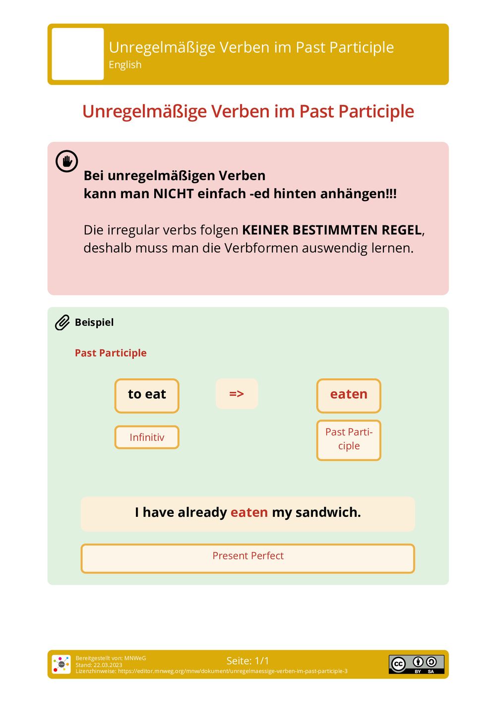 Arbeitsblatt - Unregelmäßige Verben im Past Participle - English ...