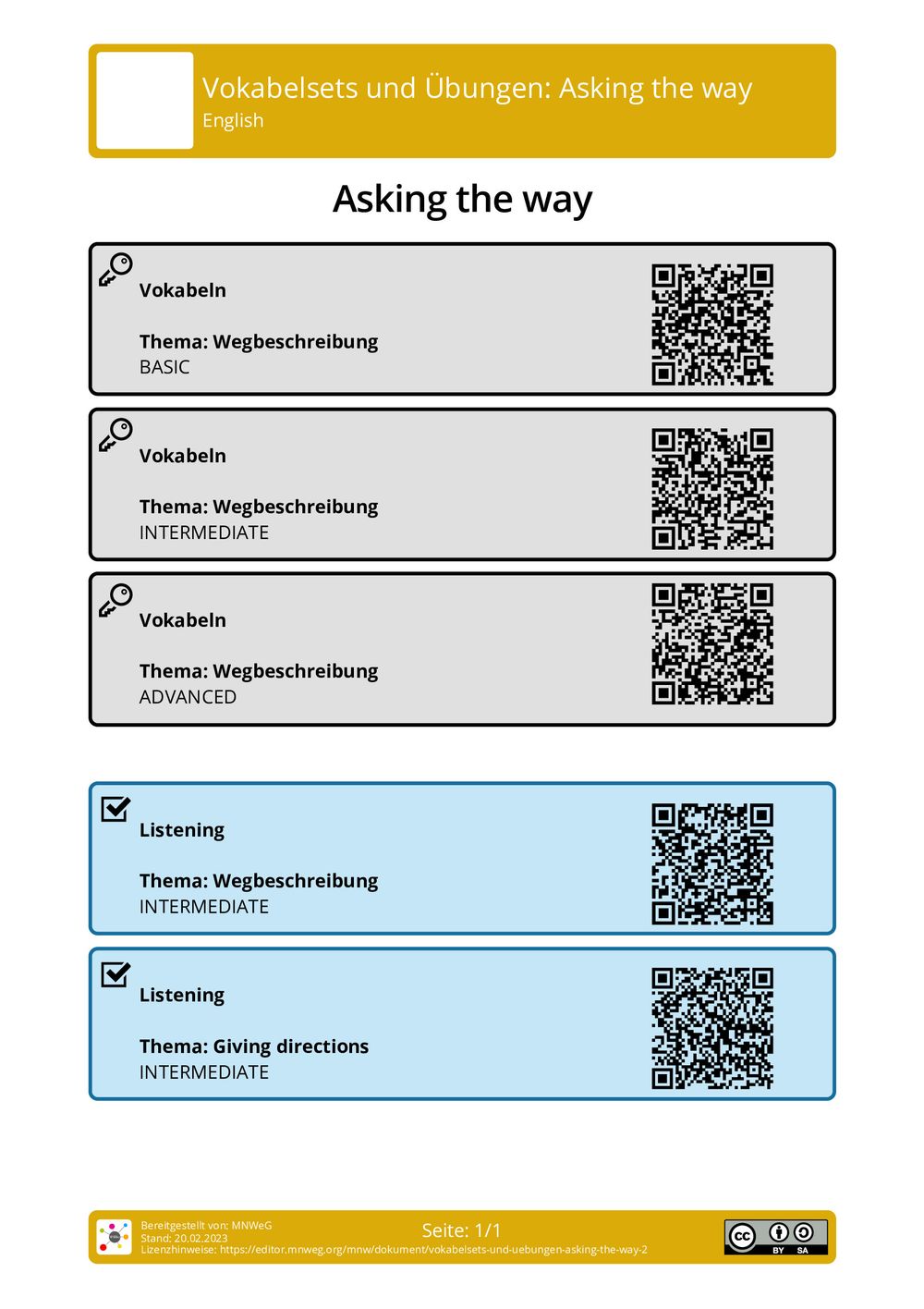 Arbeitsblatt - Vokabelsets und Übungen: Asking the way - English ...