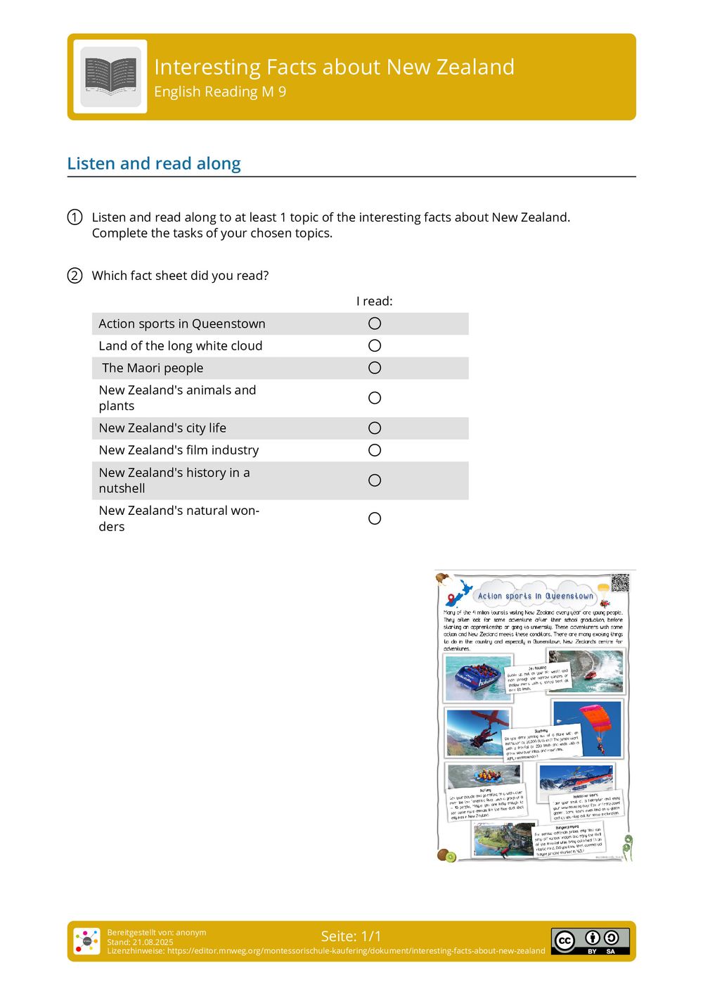 Arbeitsblatt - Interesting Facts about New Zealand - English - Reading ...