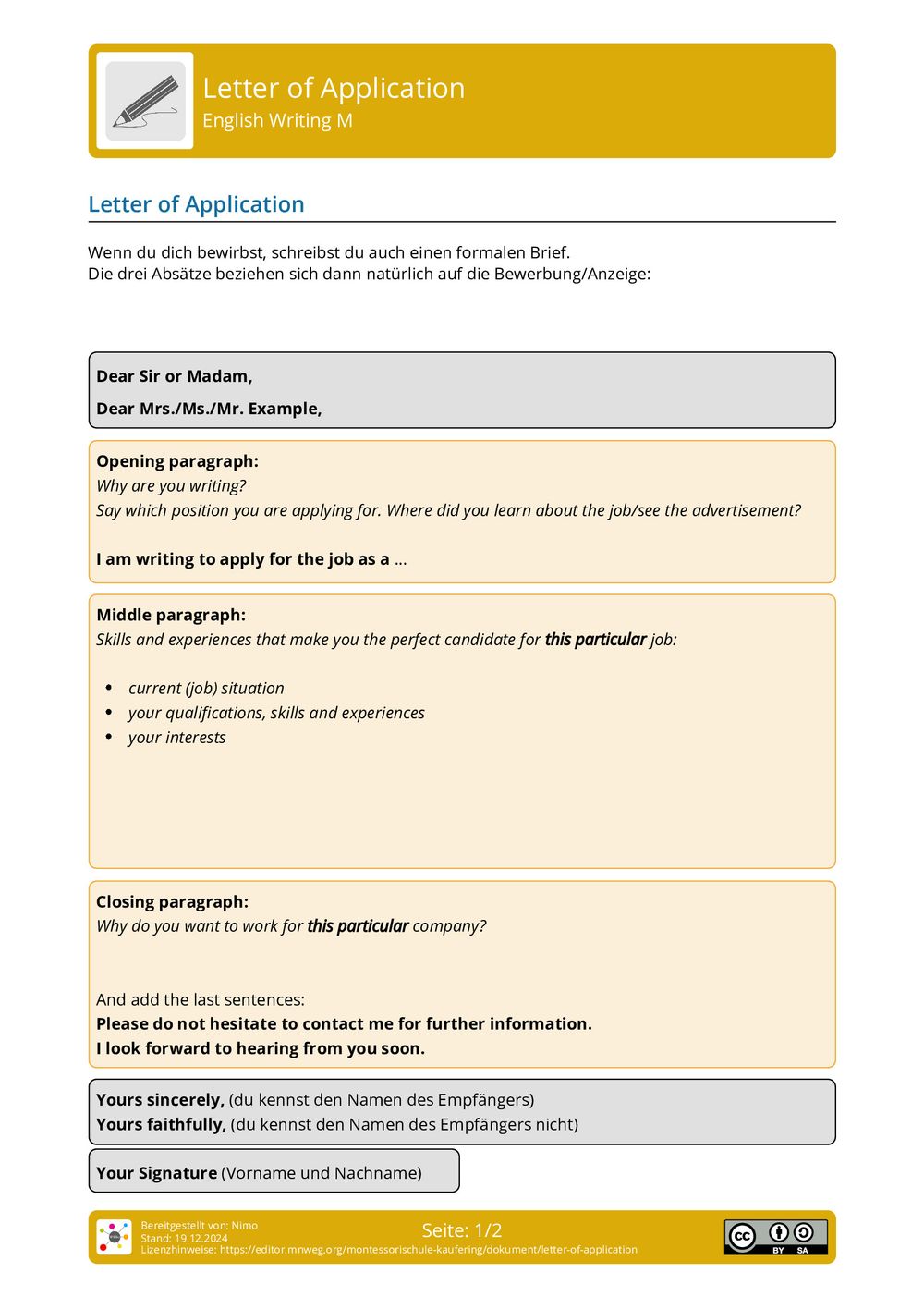 Arbeitsblatt - Letter of Application - English - Writing - mnweg.org