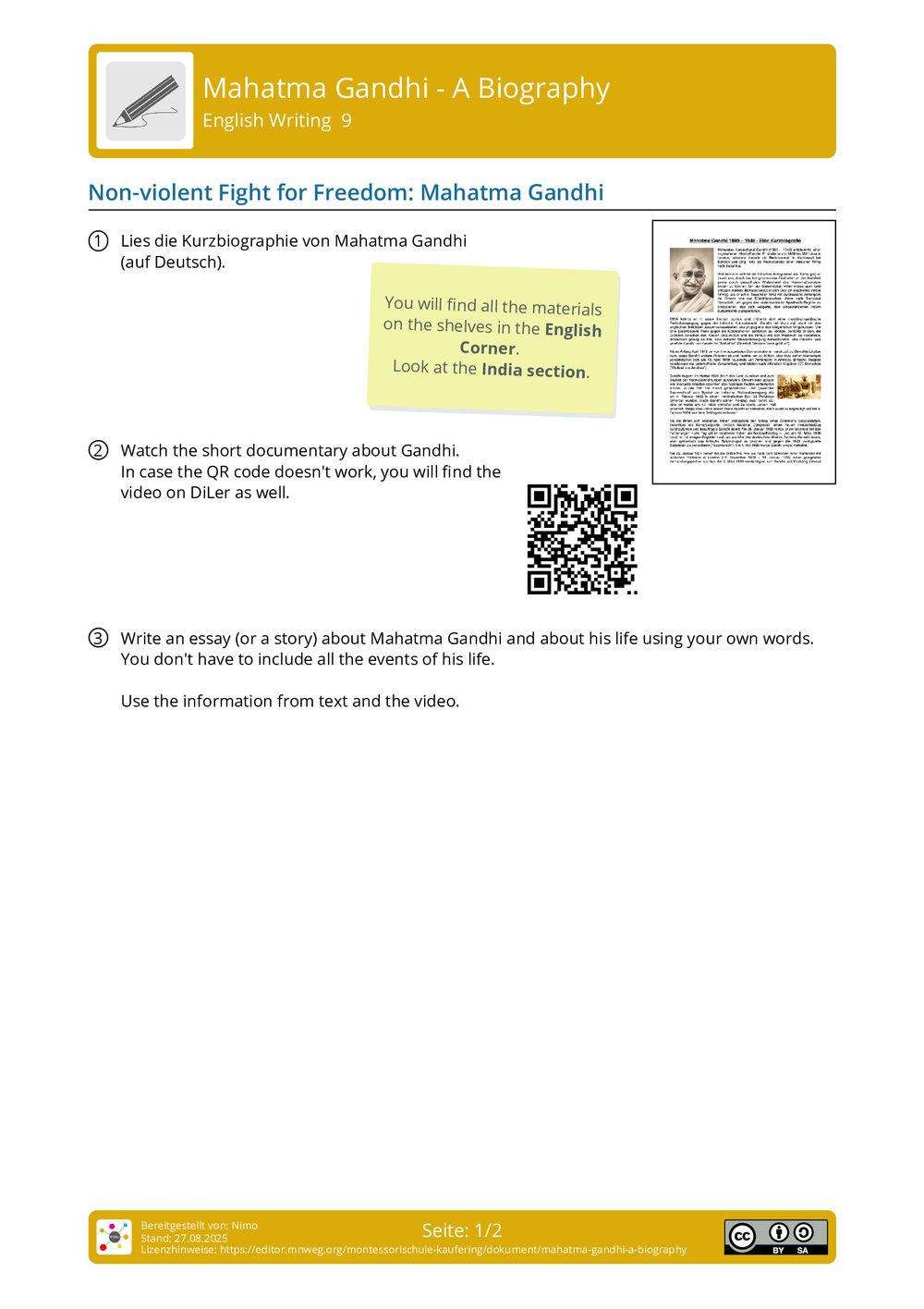 Arbeitsblatt - Mahatma Gandhi - A Biography - English - Writing - mnweg.org