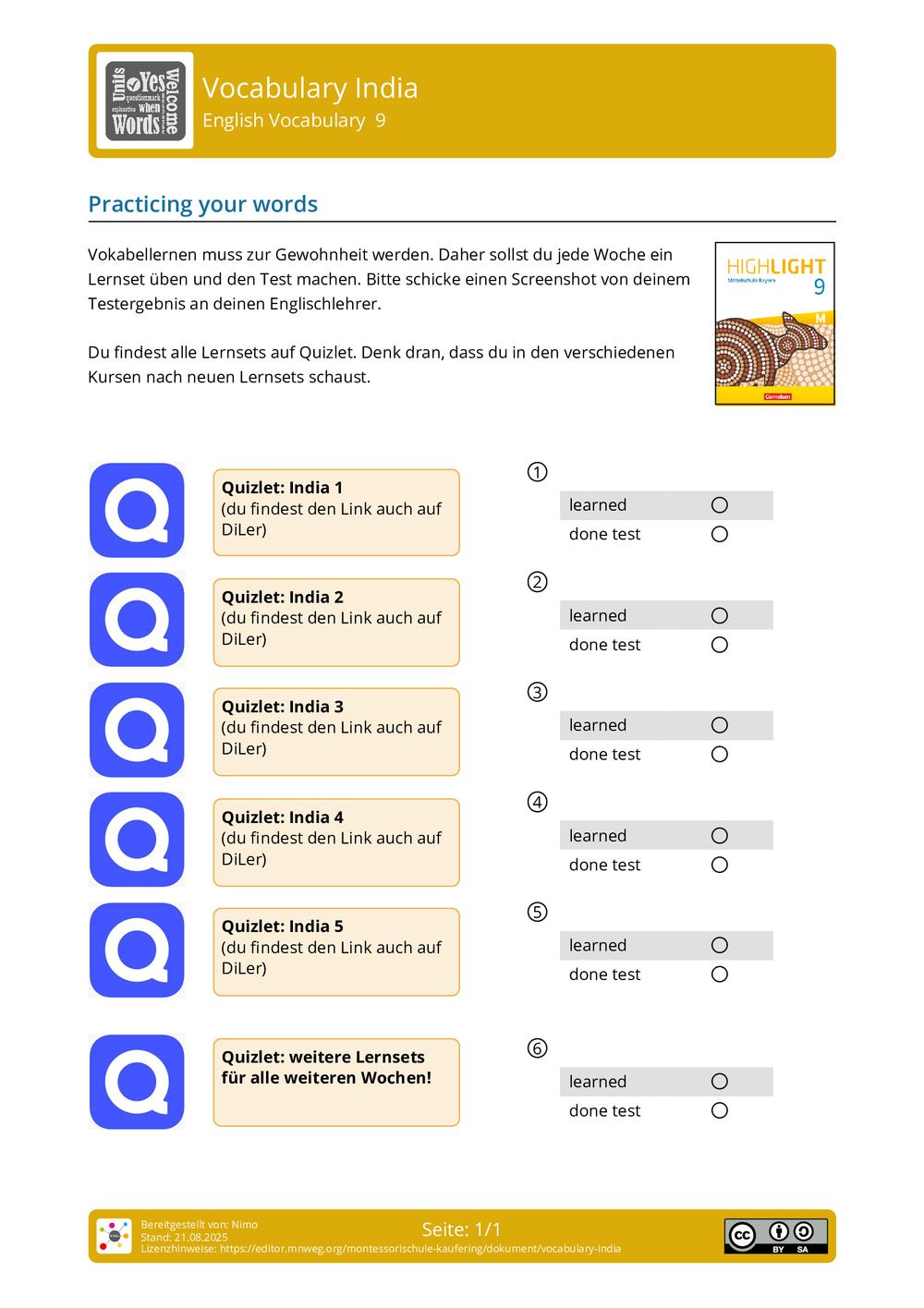 Arbeitsblatt - Vocabulary India - English - Vocabulary - mnweg.org