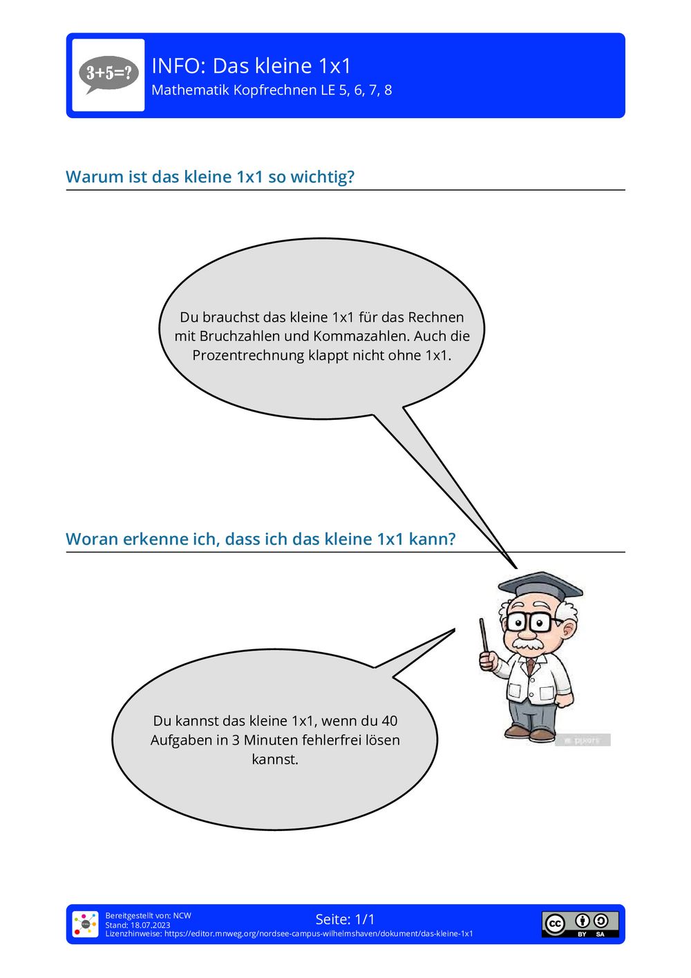Arbeitsblatt - Das kleine 1x1 - Mathematik - Kopfrechnen - mnweg.org