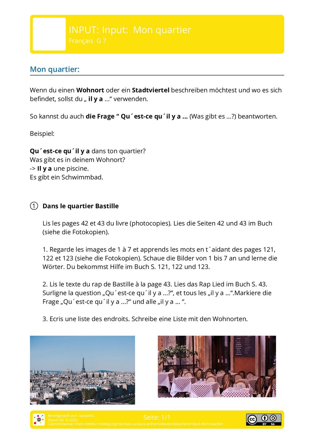 Arbeitsblatt - Input: Mon quartier - Français - mnweg.org