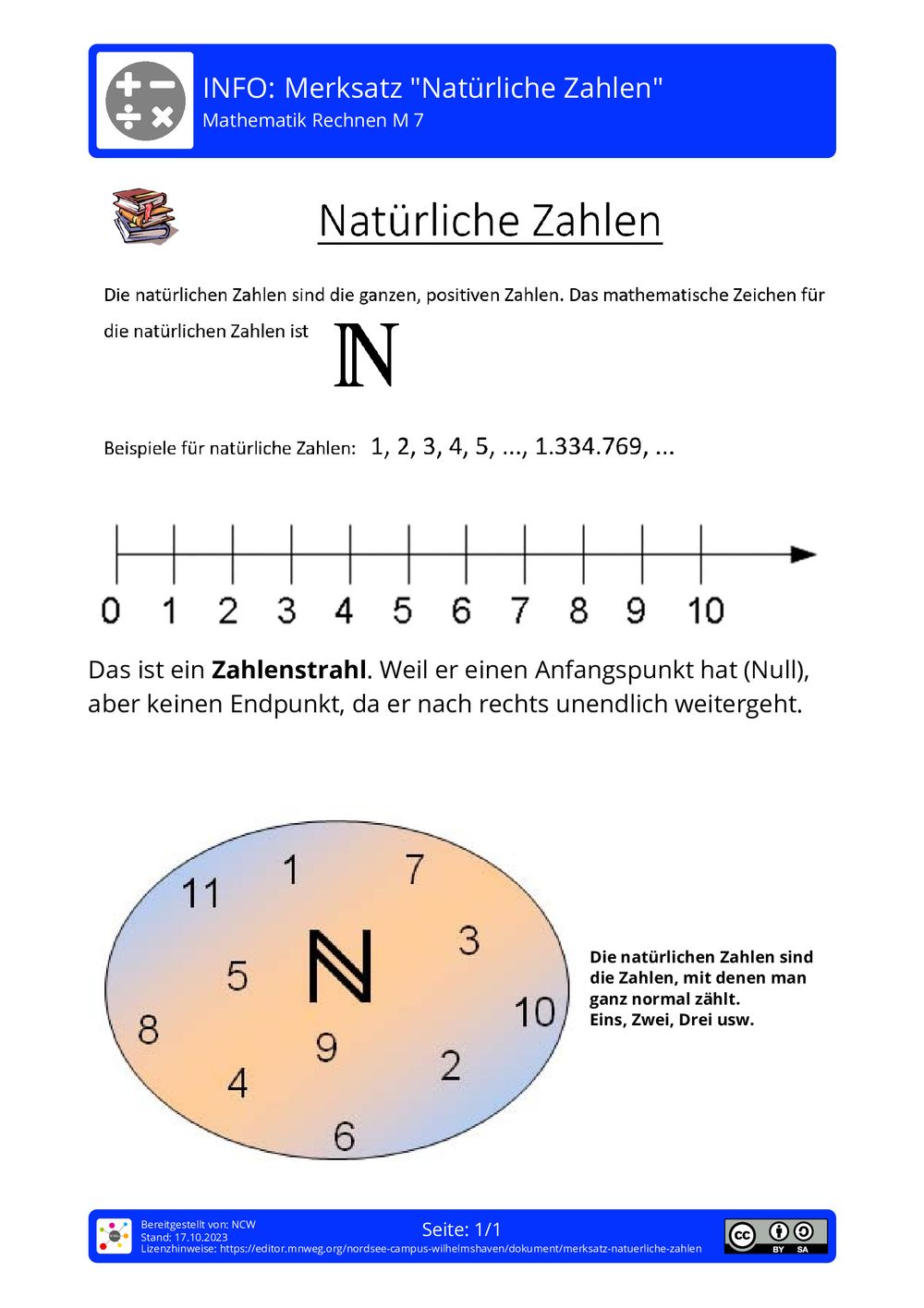 Arbeitsblatt - Merksatz "Natürliche Zahlen" - Mathematik - Rechnen ...