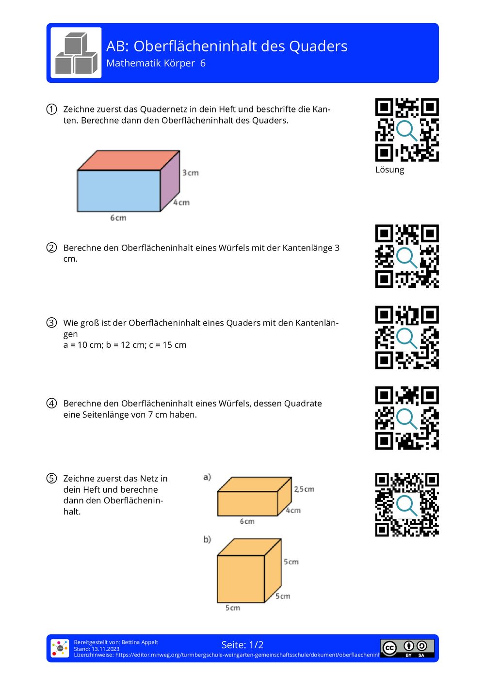 Arbeitsblatt - Oberflächeninhalt des Quaders - Mathematik - Körper ...