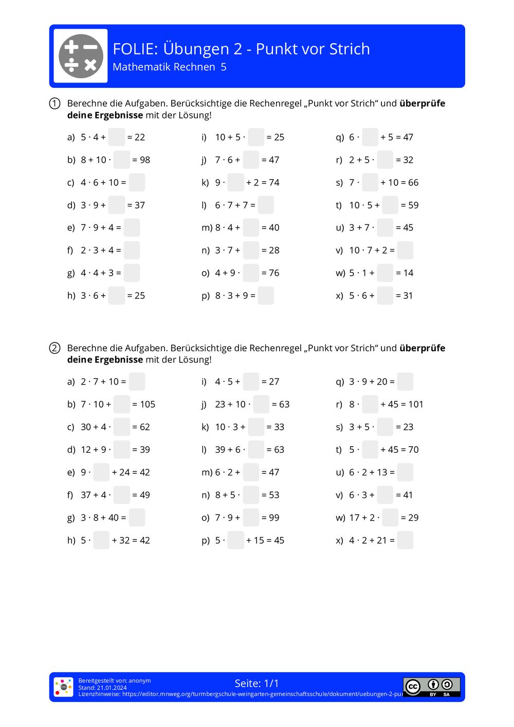 Arbeitsblatt - Übungen 2 - Punkt vor Strich - Mathematik - Rechnen ...